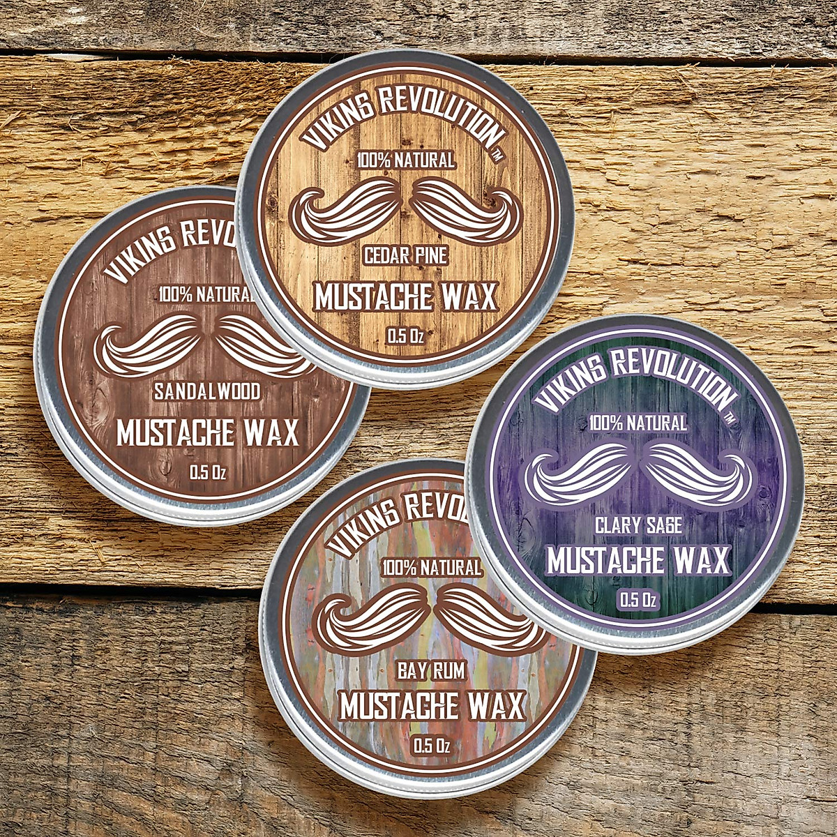 Viking Revolution Mustache Wax 4 Variety Pack - Beard & Moustache Wax for Men - Strong Hold Helps Train Tame & Style- Sandalwood, Clary Sage, Cedar Pine, Bay Rum Styles