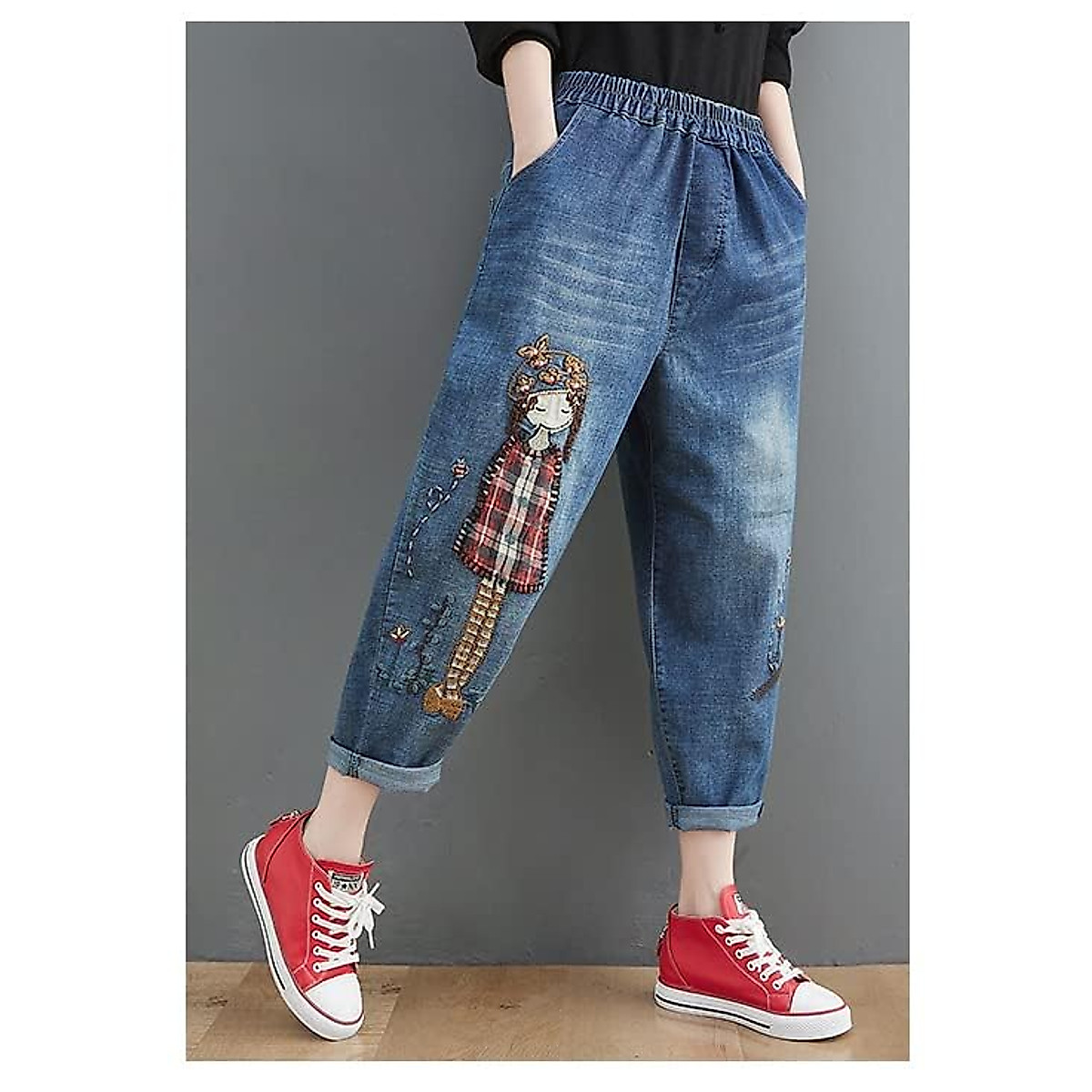 LAI MENG FIVE CATS Women Loose Jeans Denim Harem Pants with Elastic Waist with Pocket