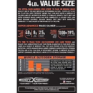 Body Fortress Super Advanced Mass Gainer Whey Protein Powder, Gluten Free, Chocolate, 4 Lb