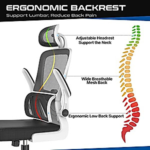 Laziiey Home Office Desk Chairs Ergonomic Chair with Lumbar Support Flip Up Arms Mesh Computer Chair with Comfortable Wide Seat Adjustable Headrest (White)