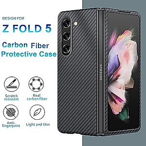 for Samsung Galaxy Z Fold 5 Carbon Fiber Case 7.6" 5G, Slim and Thin Aramid Protective Cover 0.03in 0.4oz, Lightweight, Anti-Scratch Protector, Supports Wireless Charging, Black