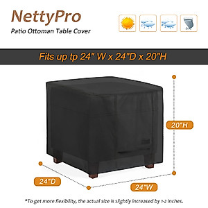 NettyPro Waterproof Patio Ottoman Cover Square Outdoor Furniture Side Table Cover, 24L x 24W x 20H inch, Black