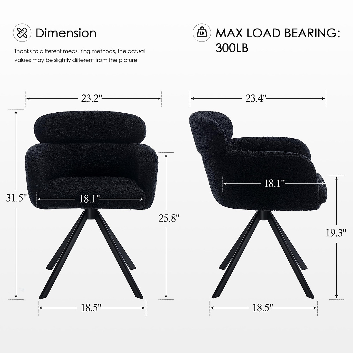 Zesthouse Sherpa Desk Chair No Wheels, Swivel Vanity Chair for Girls Women, Modern Accent Armchair with Extra Backs, Upholstered Computer Task Chair for Living Room Bedroom, Black