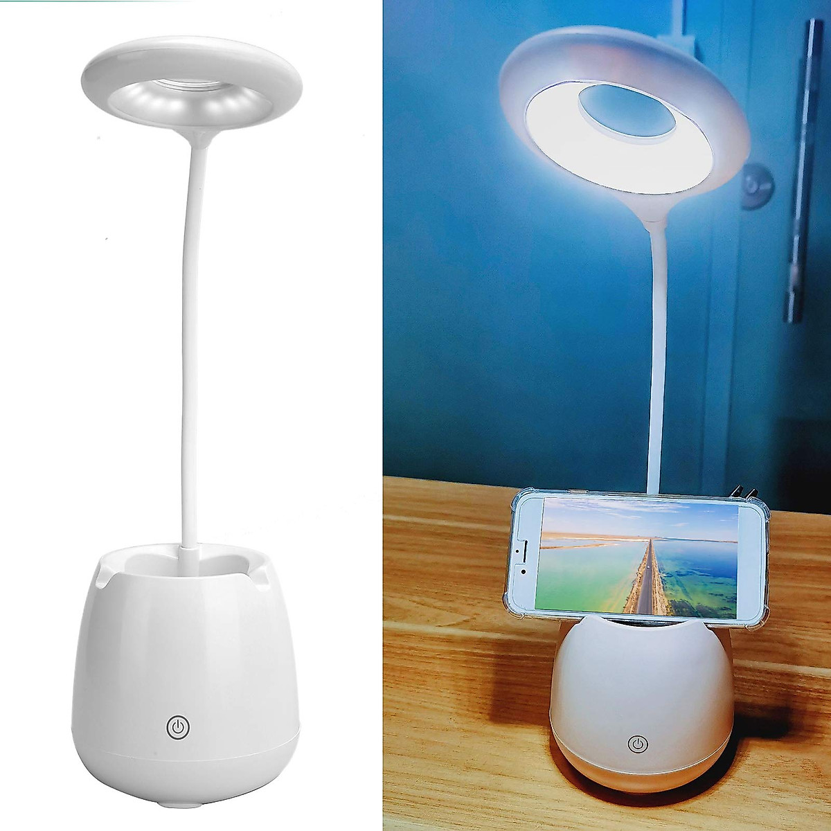 Sutinna Multifunctional LED Table Lamps, Bluetooth Speaker Touch Control Desk Light Phone Stand, Dimmable Office Desk Lamp with USB Charging Port(White)