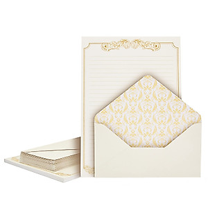 Vintage Letter Writing Kit with 60 Sheets of Gold Border Paper and 30 Envelopes for Letters, Valentine's (7.25 x 10 In)