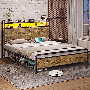 DICTAC Queen Bed Frame with Storage Headboard and Charging Station Led Bed Frame Queen Size with Headboard Storage,Metal Platform Bed Frame with LED Lights,No Box Spring Needed,Rustic Brown