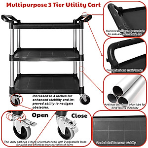 RAYFARMO Plastic Utility Cart with Wheels, 3-Tier, Black, Fade Resistant, Heavy Duty, Easy Assembly, Rust Resistant, Locking Caster, 15D x 35W x 38H