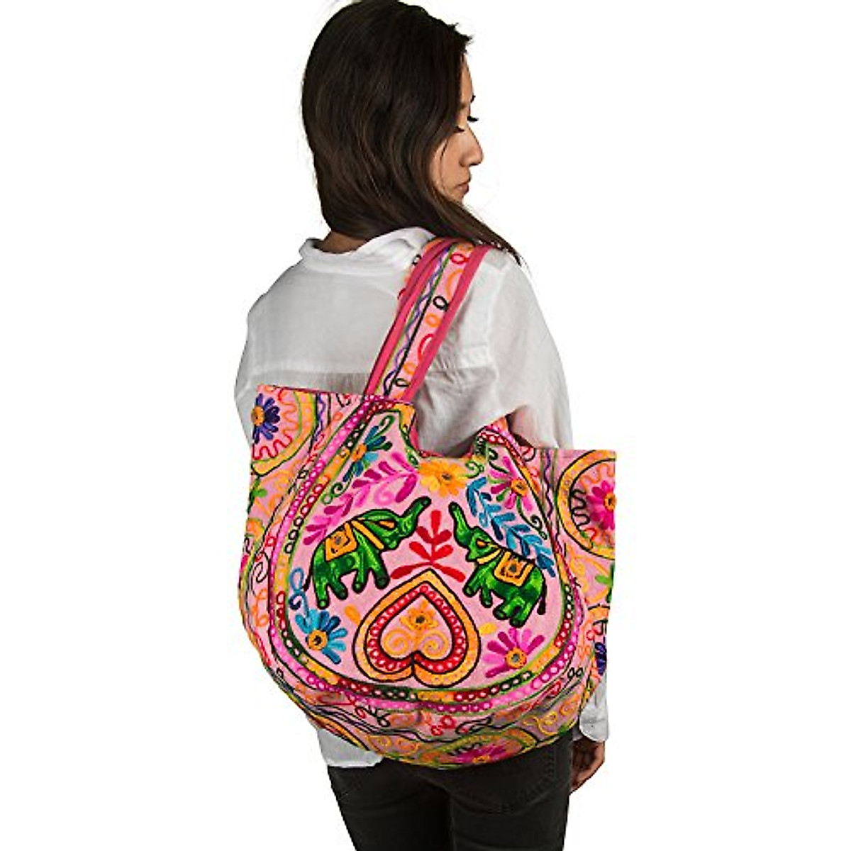 TribeAzure Pink Elephant Canvas Shoulder Bag Handbag Tote Purse Casual Spacious Summer Spring Top Handle Large