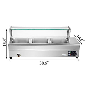 VEVOR 110V Bain Marie Food Warmer 8 Pan x 1/2 GN,Food Grade Stainelss Steel Commercial Food Steam Table 6-Inch Deep, 1800W Electric Countertop Food Warmer 88 Quart with Tempered Glass Shield