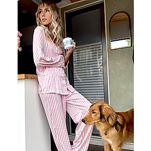 Ekouaer Silk Satin Pajamas Women's Long Sleeve Pj Set Soft Button Down 2 Piece Sleepwear Loungewear Pink Striped,M