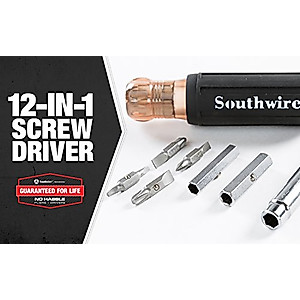 Southwire 59723940 12-In-1 Multi-Bit Screwdriver; Interchangeable Bits; Comfort Grip Handle; hex 1/4"; 5/16"; 3/8"; Phillips #1;2;3; slotted SL4-5;SL6-8;sl8-10; and square #1;2