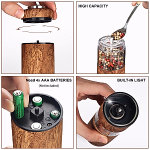 Electric Salt and Pepper Grinder Set, Battery Operated Pepper Mill with LED Light, Adjustable Coarseness, One Hand Operation, Salt and Pepper Shakers Set Electric (Wood Grain)