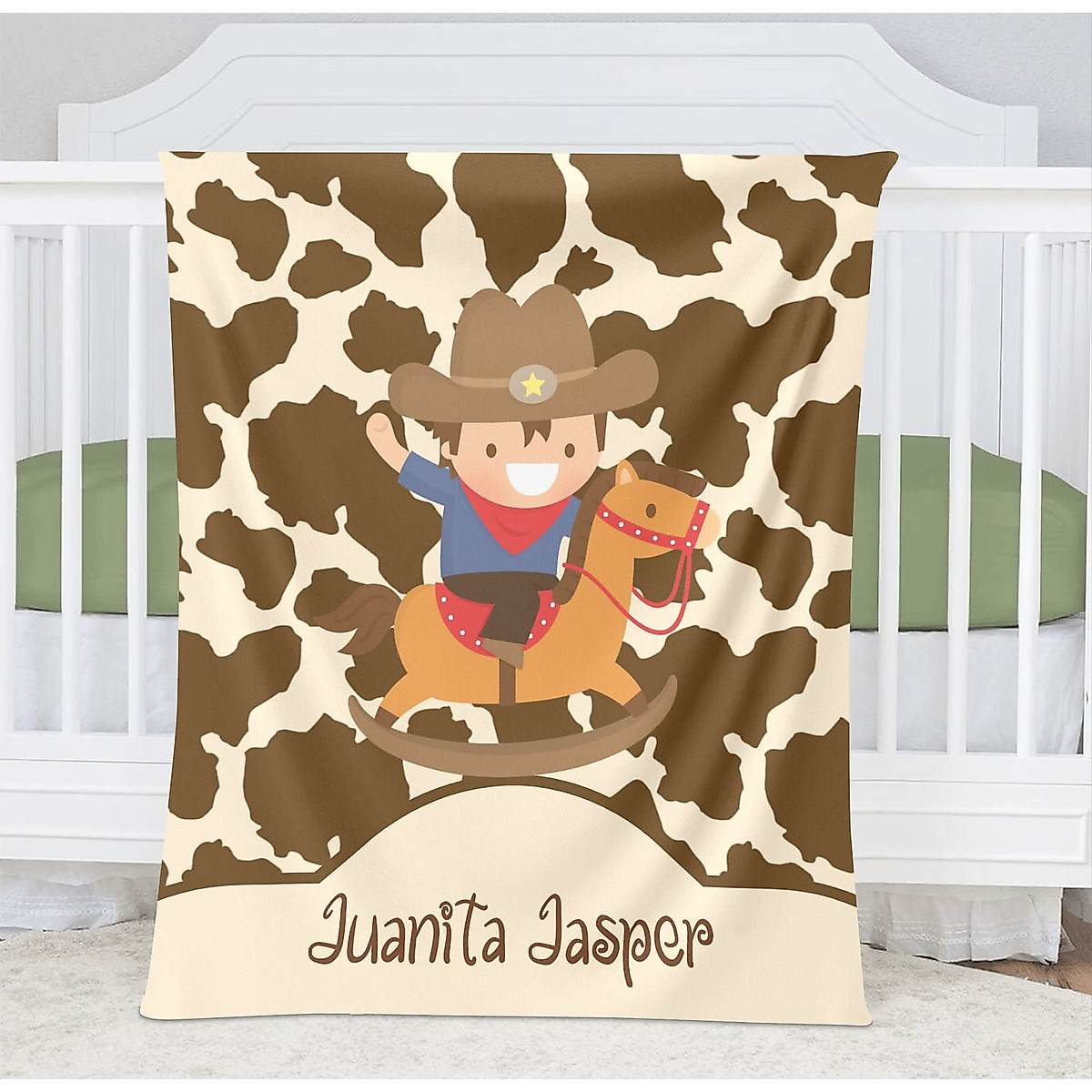Cute Cowboy Horse Brown Cow Personalized Baby Swaddle Blanket Super Soft for Boy & Girl,Custom Your Baby Name Birthday Kids(30x40 Inches)