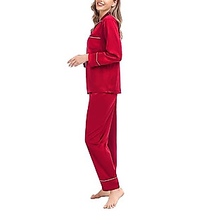 SWOMOG Womens Satin Pajamas Long Sleeve Sleepwear Silk Soft Button Down Loungewear Pjs Set S-XXL Reda Medium