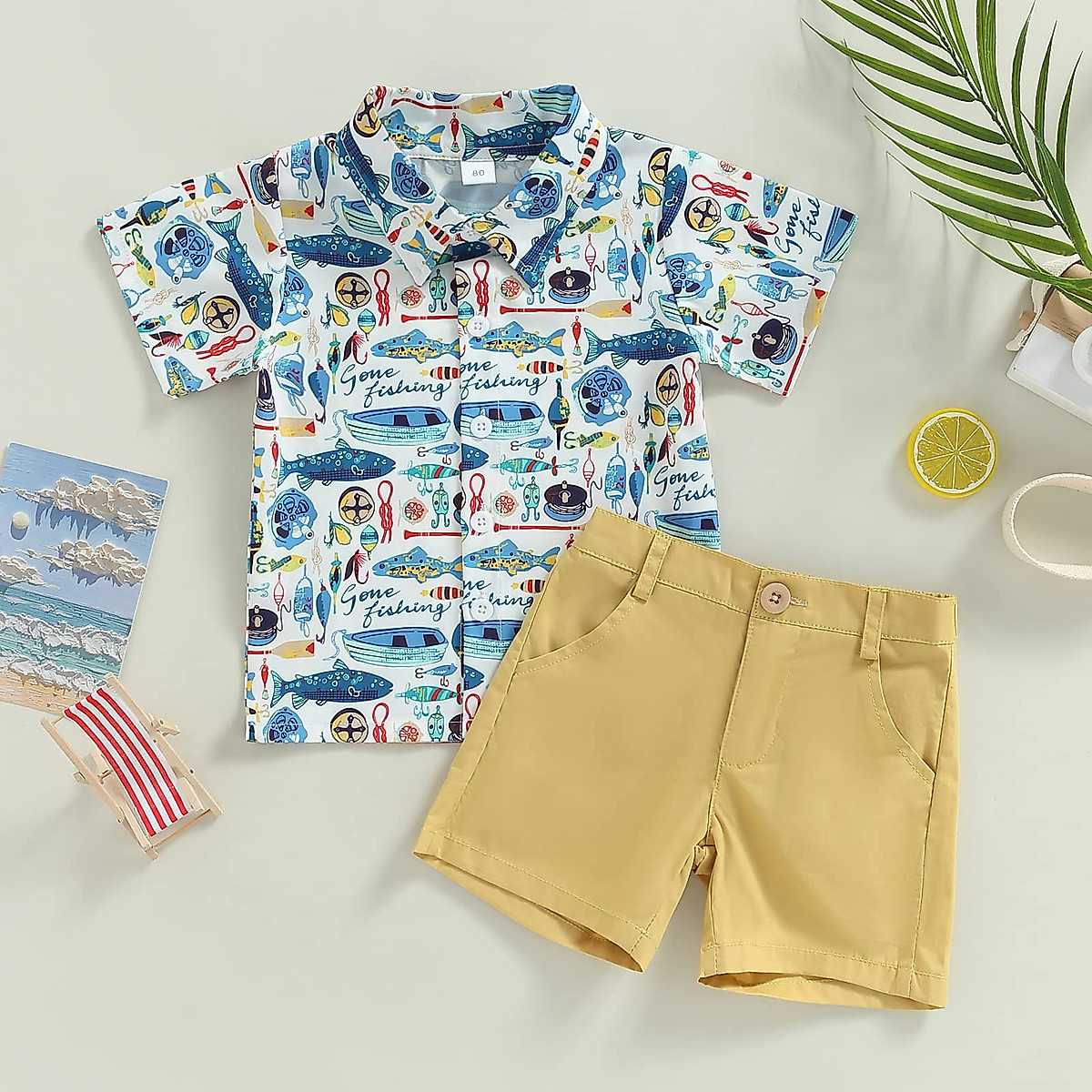 Toddler Boy Summer Clothes Set Button Down Short Sleeve Shirt Elastic Waist Shorts 2Pcs Fashion Boys Outfits (Khaki Shorts Set,12-18 Months)