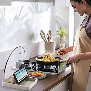 2Pack Spoon Rest with Pot Lid Holder, Foldable Cooking Ladle/Spatula/Spoon Holder Organizer with Drip Pad for Stove Top, Heat-Resistant Utensil Rest for Kitchen Countertop (Ivory)