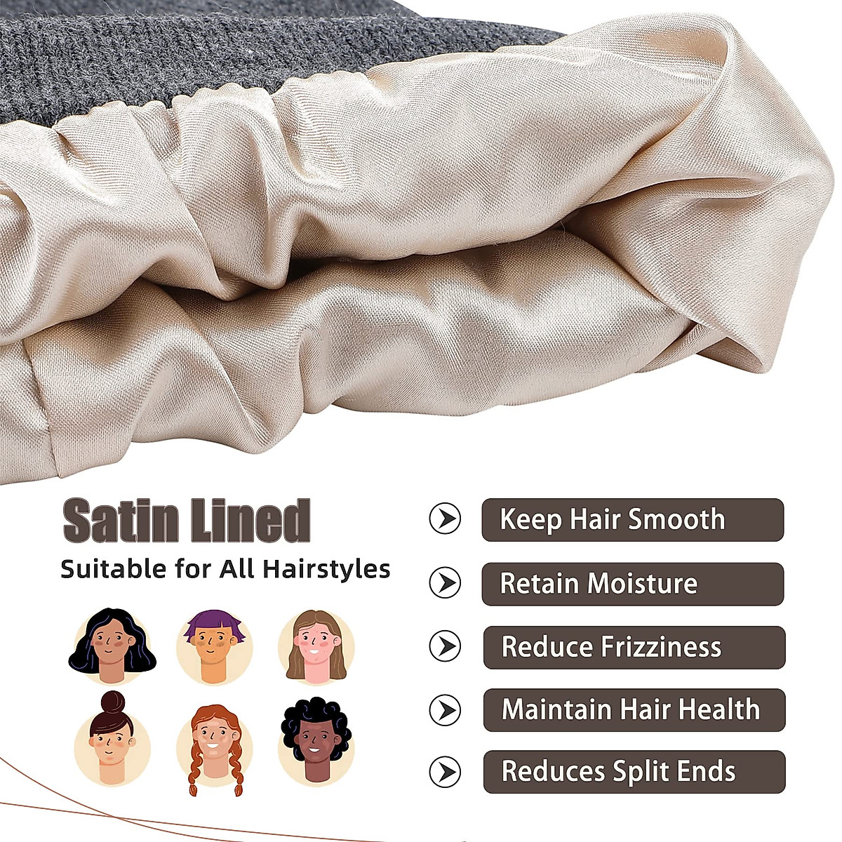 Zando Womens Satin Lined Beanie for Women Warm Beanies Womens Winter Beanies for Women Knit Hats for Women Unisex Cuffed Skull Caps for Men Thick Satin Lined Winter Hats for Women Men Black Beanie Hat