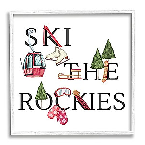 Stupell Industries Ski The Rockies Winter Seasonal Sports Phrase, Designed by Ziwei Li White Framed Wall Art, 12 x 12, Red