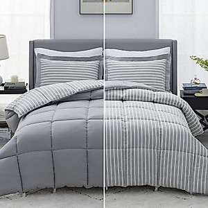 Bedsure Queen Size Comforter Set - Percale Stripes Down Alternative Grey Comforter Sets Box Stitching Gray Duvet Insert, All Season Bed Set with 2 Pillow Shams (Queen/Full, 88x88'', 3 Pieces)