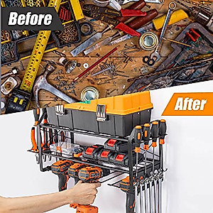 Bovkeoy Power Tool Organizer Wall Mount, 3 Layers Tool Organizer with 5 Drill Slots, Drill Holder Wall Mount for Tool Storage, Tool Organizers and Storage, Utility Racks for Garage Organization
