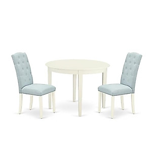 East West Furniture BOCE3-WHI-15 3 Piece Dining Table Set for Small Spaces Contains a Round Kitchen Table and 2 Baby Blue Linen Fabric Parson Dining Room Chairs, 42x42 Inch, Linen White