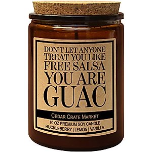 Don't Let Anyone Treat You Like Free Salsa You are Guac, Kraft Label Scented Soy Candle, Huckleberry, Lemon, Vanilla, Glass Jar Candle, Made in The USA, Decorative Candles, Funny and Sassy (Amber)