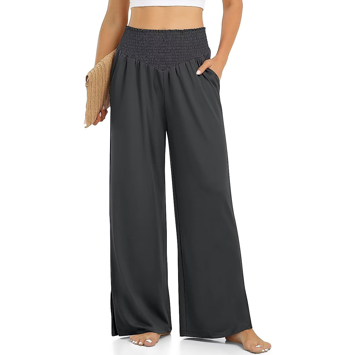 UEU Women's Wide Leg Pants Elastic Casual High Waisted Travel Lounge Yoga Palazzo Pants with Pockets, Dark Gray, XL
