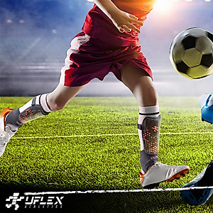 Uflex Athletics Slip and Slide Shin Guards for Kids and Teens - Protective Soccer Gear for Boys and Girls with Padded Ankle Support - Non Slip Adjustable Straps (X-Small)