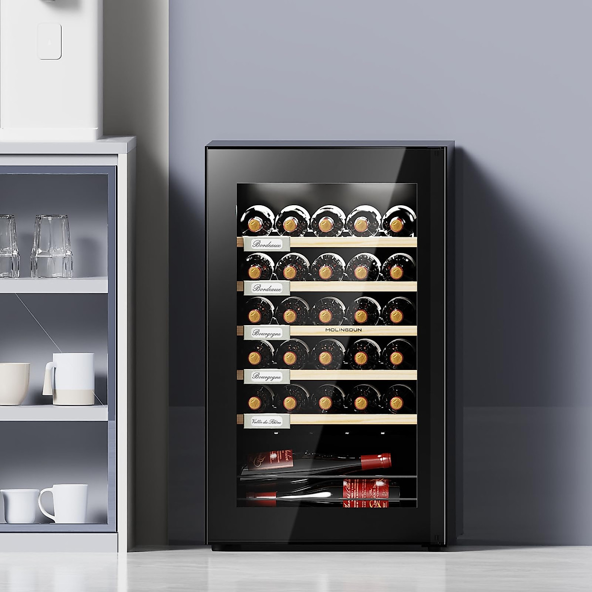 MOLINGDUN Wine Fridge, 33 Bottles Freestanding Wine Cooler, Intelligent Compressor, Frost Free, Glass Door, 41-64℉ Adjustable Digital Temperature Control, for Red, White, Champagne or Sparkling Wine