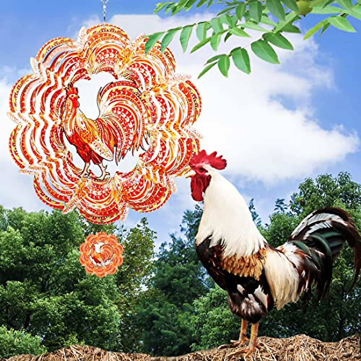 Rooster Wind Spinner Hanging, 3D Wind Spinners Outdoor Garden Decor, 12in Cock Spinning Yard Art Metal Large Ornaments, Stainless Steel Wind Catcher Chicken for Backyard, Red Gold Wind Sculptures Gift