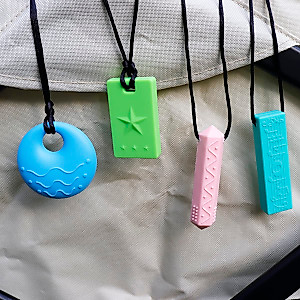 Sensory Chew Necklaces for Kids - 4 Pack Silicone Chewy Necklaces for ADHD, Autism, Biting and Oral Motor Needs