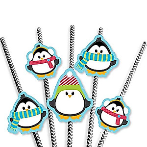 Holly Jolly Penguin Paper Straw Decor - Holiday & Christmas Striped Decorative Straws - Set of 24