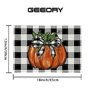 GEEORY Fall Placemats, 12x18 Inch Set of 4 Buffalo Plaid Check Pumpkins Table Decoration for Kitchen Dining, Indoor & Outdoor Dinner Party (Orange Pumpkin) GP085-18