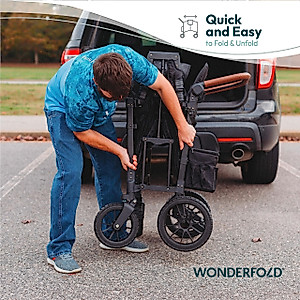 WONDERFOLD W2 Luxe Double Stroller Wagon (2 Seater) - Collapsible Wagon Stroller with Seats with Magnetic Buckle 5-Point Harnesses and Adjustable Sun Canopy, Volcanic Black