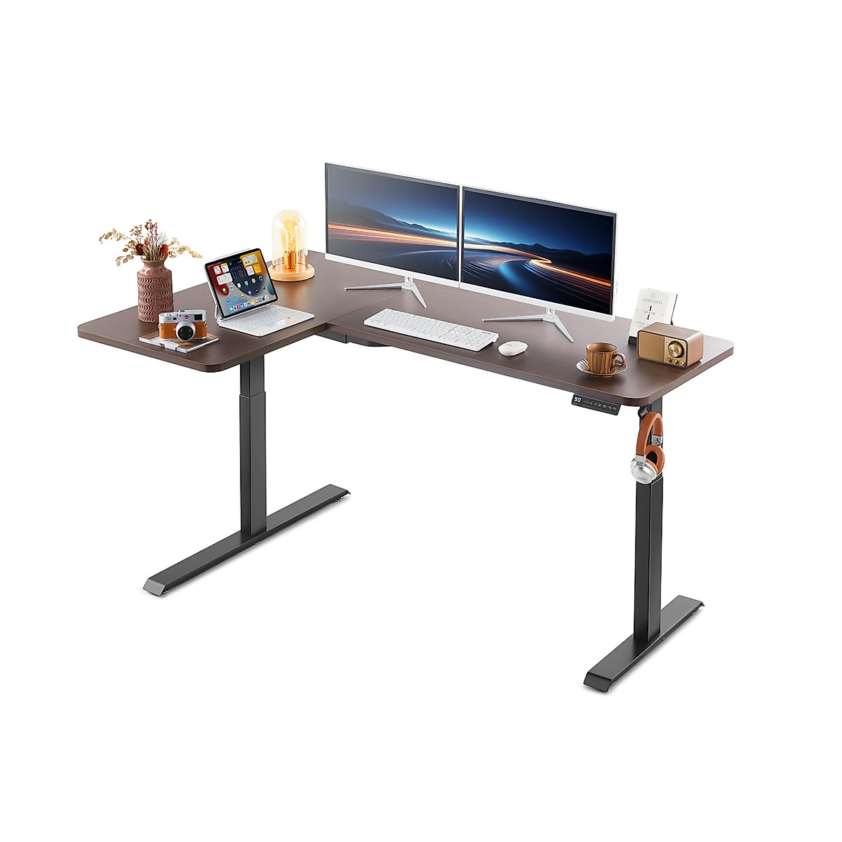 KINGSMITH 63" Left L Shaped Standing Desk Height Adjustable, Dual Motor Electric Corner Desk Computer Workstation, Sit Stand up Home Office Desk, Ergonomic Game Desk with 2-Section Leg, Deep Grey