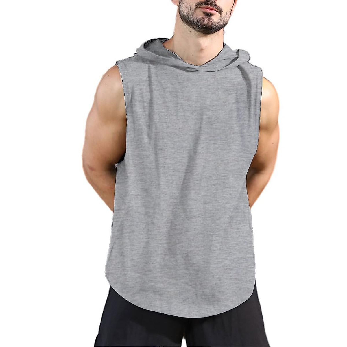 Men's Workout Hoody Tank Tops Athletic Training Bodybuilding Hoodie Shirts Cotton Gym Cut Off Sleeveless Muscle T-Shirt 05 Gray 2XL