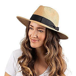 Women Fedora Sun Hat with Wide Brim—Foldable Roll-Up Straw Beach Hat UPF 50 Khaki