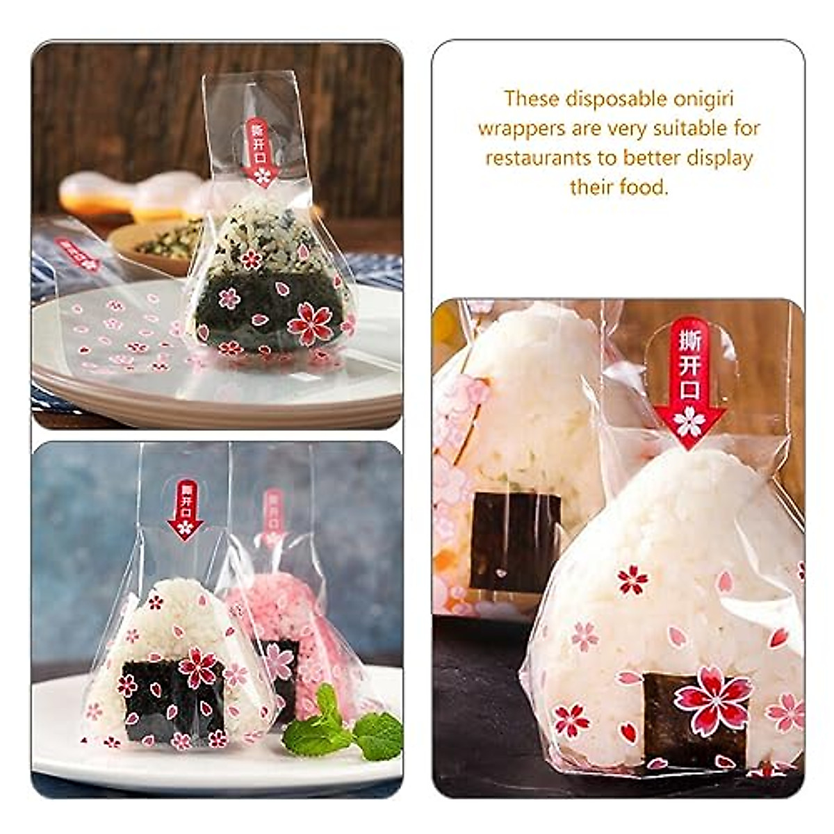 ULTECHNOVO 100Pcs Triangle Onigiri Wrappers Plastic Rice Balls Bags Disposable Sushi Packing Bags Japanese Onigiri Bags with Stickers