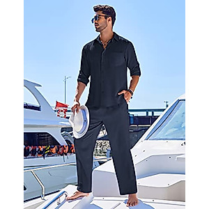 COOFANDY Men's 2 Pieces Linen Set Button Down Shirts and Loose Pants Wide Leg Baggy Beach Yoga Trousers Outfits