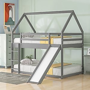 Bellemave Twin Over Twin House Bunk Bed with Slide, House Bunk Bed Kids Bunk Bed with Roof and Ladder for Kids Girls Boys (Grey)