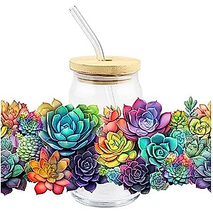 Coloured UV DTF Cup Wrap,Succulents Theme Rub on Transfers Decals,UV DTF Transfer Waterproof Sticker for Glass Coffee Cups,Vintage Cups Wrap Transfer Stickers Decals Iron-on Transfers Trim and