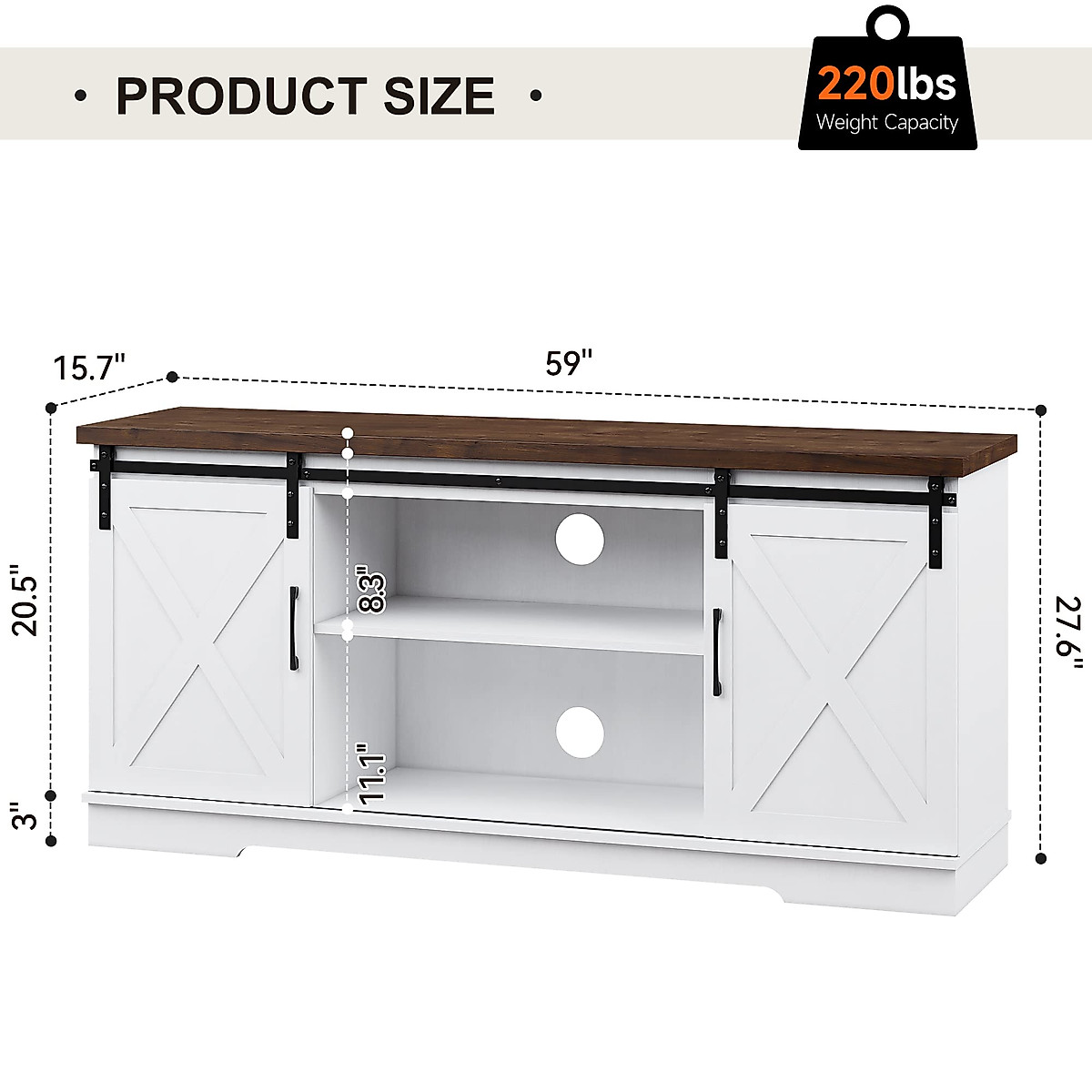 IDEALHOUSE Farmhouse TV Stand for 65 Inch TV, Entertainment Center with Storage and Sliding Barn Doors, Modern Media TV Console TV Stands for Living Room Bedroom (White)