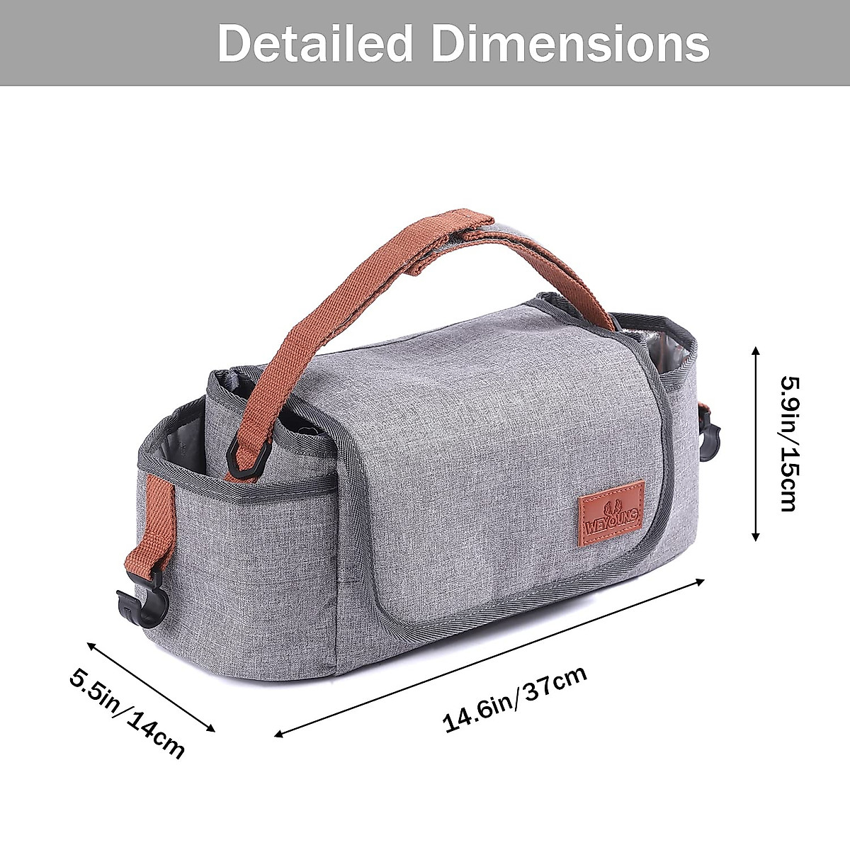 ASunine Large Space Stroller Organizer Bag, Universal Stroller Accessories Bag with 2 Cup Holders, Multiple Pockets for Bottle, Diaper, Phone, Toys, Baby Items