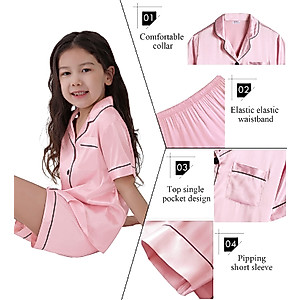 SWOMOG Kids Satin Pajamas Sets Girls Boys Button-Down Pjs Short Sleeve Silk Nightwear 2 Piece Lounge Sets Pink