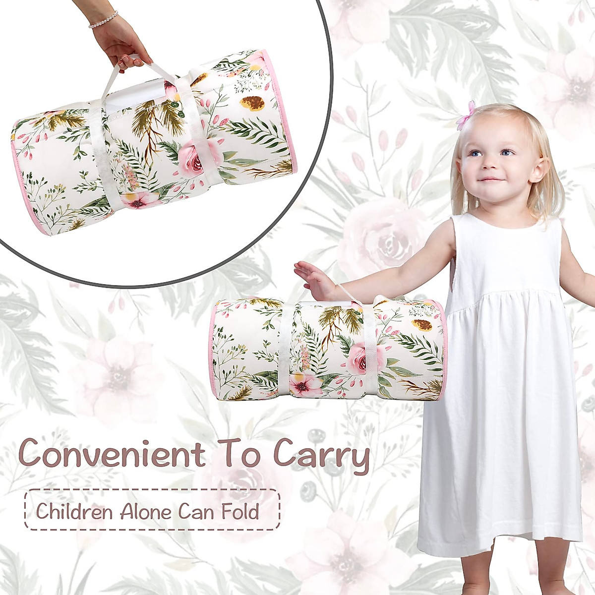 Dad-Baby Toddler Nap Mat with Removable Blanket and Pillow, Extra Large Rolled Napping Mats,Toddler Sleeping Bag,Kids Sleeping Bag for Daycare,Nap Mats for Preschool(Flower Pattern)