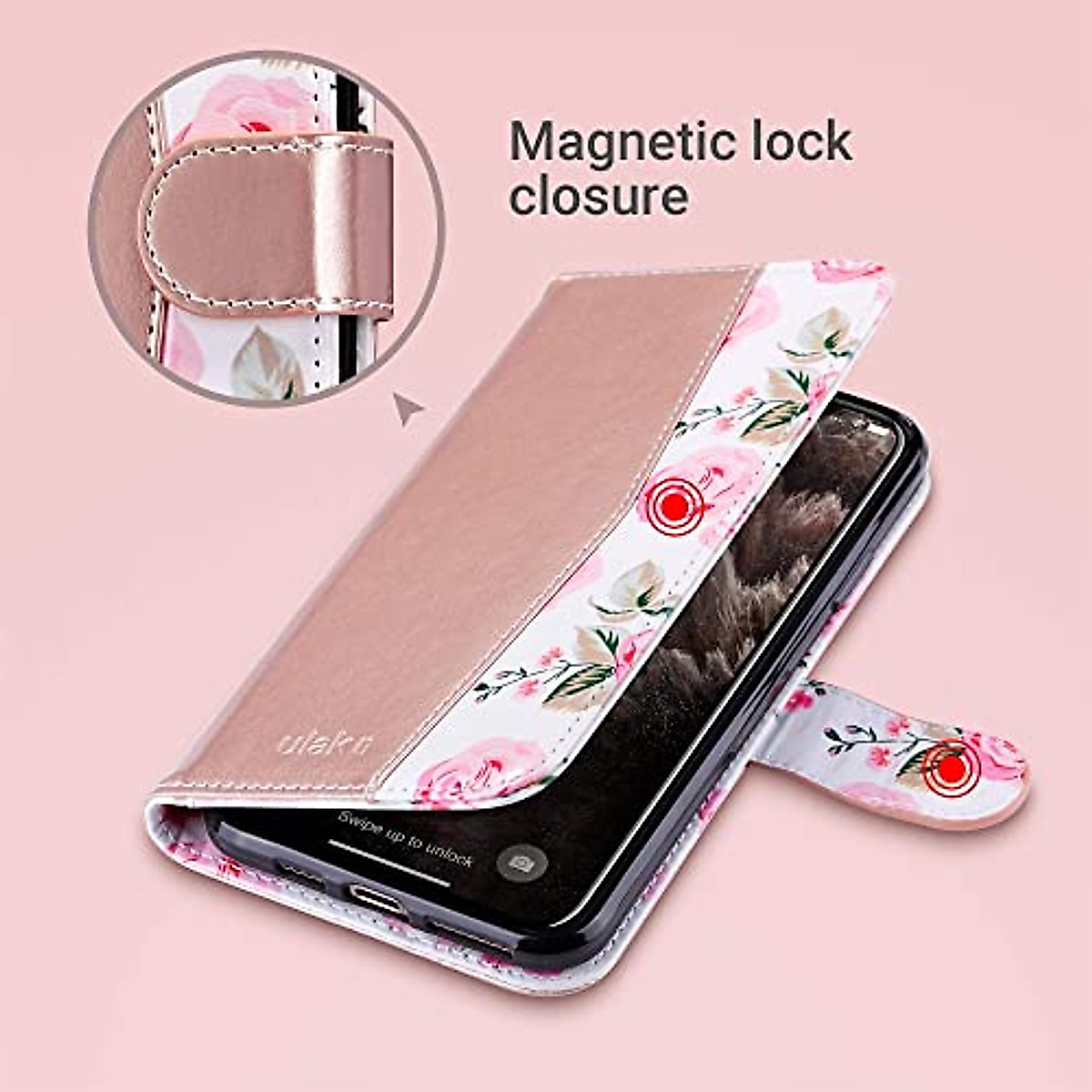 ULAK Compatible with iPhone 11 Pro Max Wallet Case for Women Girls, PU Leather Flip Cover with Card Holder Kickstand Shockproof Protective Purse Case for iPhone 11 Pro Max 6.5 Inch, Rose Gold