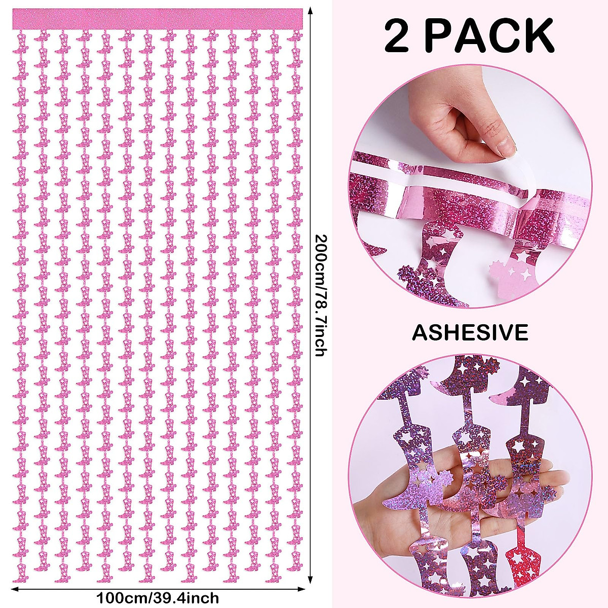 Pasimy 2 Pack Western Cowgirl Bachelorette Party Backdrop Glitter Pink Disco Cowgirl Boot Tinsel Foil Fringe Curtains for Man I Feel Like a Bride Let's Go Girl Nashville Last Rodeo Cowboy Decoration