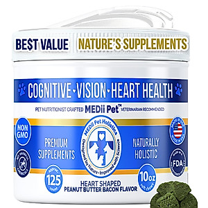 MEDii Pet Dog Vitamin Supplements & Health Booster: Metabolism, Cardiac, Eyes, & Helps Prevent Dog Dementia– Includes Spirulina, Vitamin B1, B3, & B12, Non-GMO, 125 ct/10 oz. Best Value