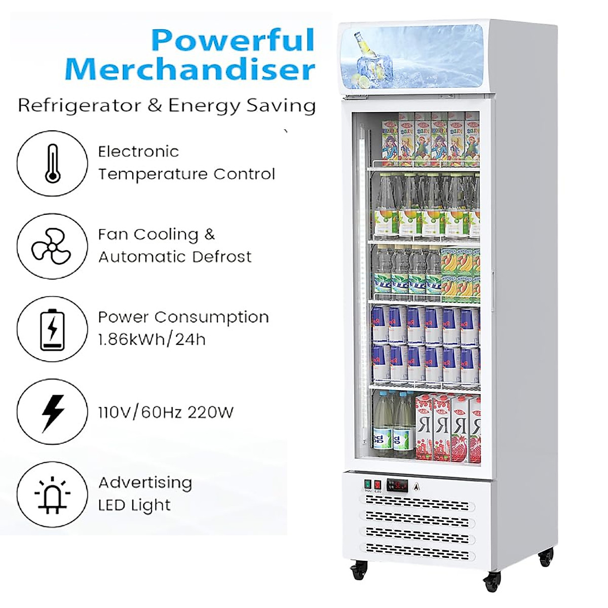 GarveeLife Commercial Merchandiser Refrigerator, 11.5 Cu.Ft,320L Beverage Refrigerator Cooler Merchandiser, Glass Door Display Refrigerator Upright Fridge With 4 Adjustable Shelves, Lightbox for Shop