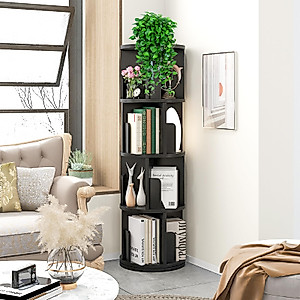 oneinmil 360°Rotating Bookshelf, Small Corner Bookcase with a Small Footprint, 4 Tier Standing Bookcase for Kids & Adults, Wood Bookshelf Designed for Bedroom, Living Room, Black